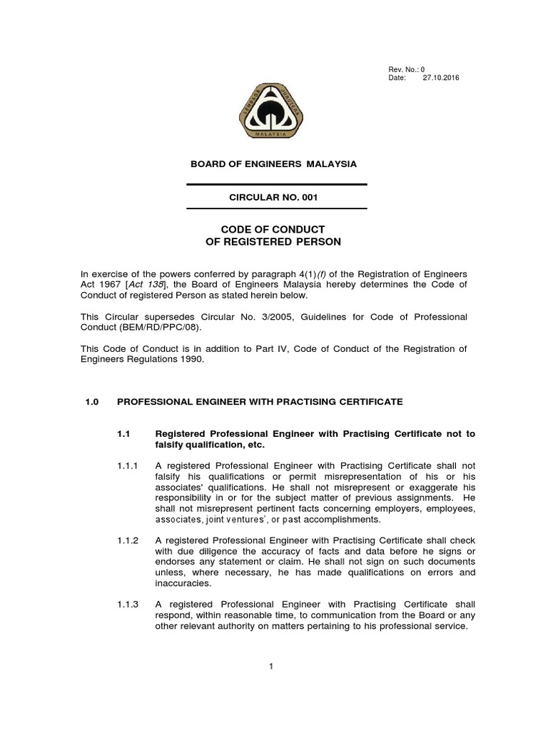 BEM Code of Professional Conduct-2016 | PDF | Employment | Safety