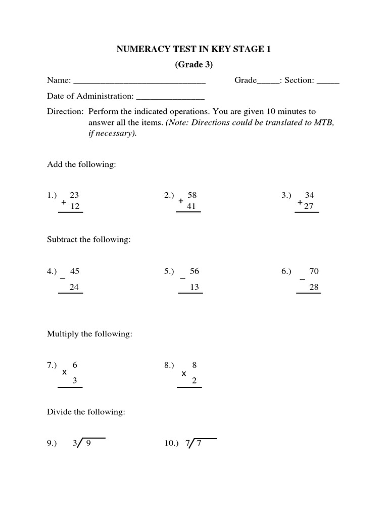 If Necessary) .: Numeracy Test in Key Stage 1 (Grade 3) | PDF ...