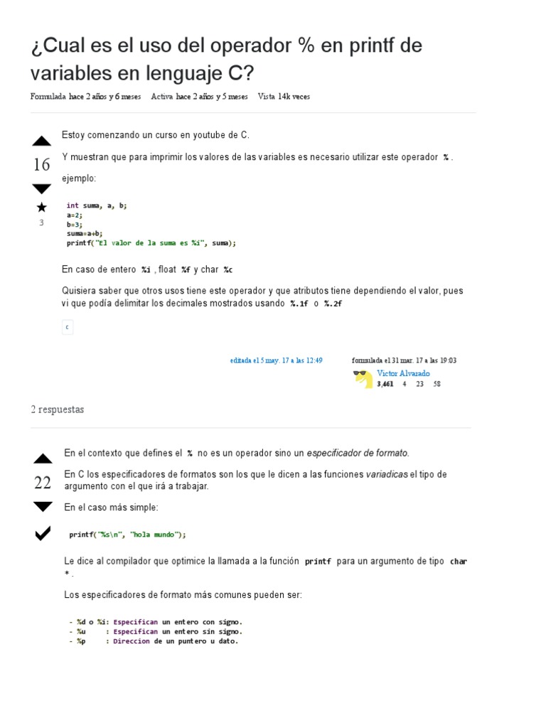 ¿Cual Es El Uso Del Operador % en Printf de Variables en Lenguaje C - Stack Overflow en Español ...