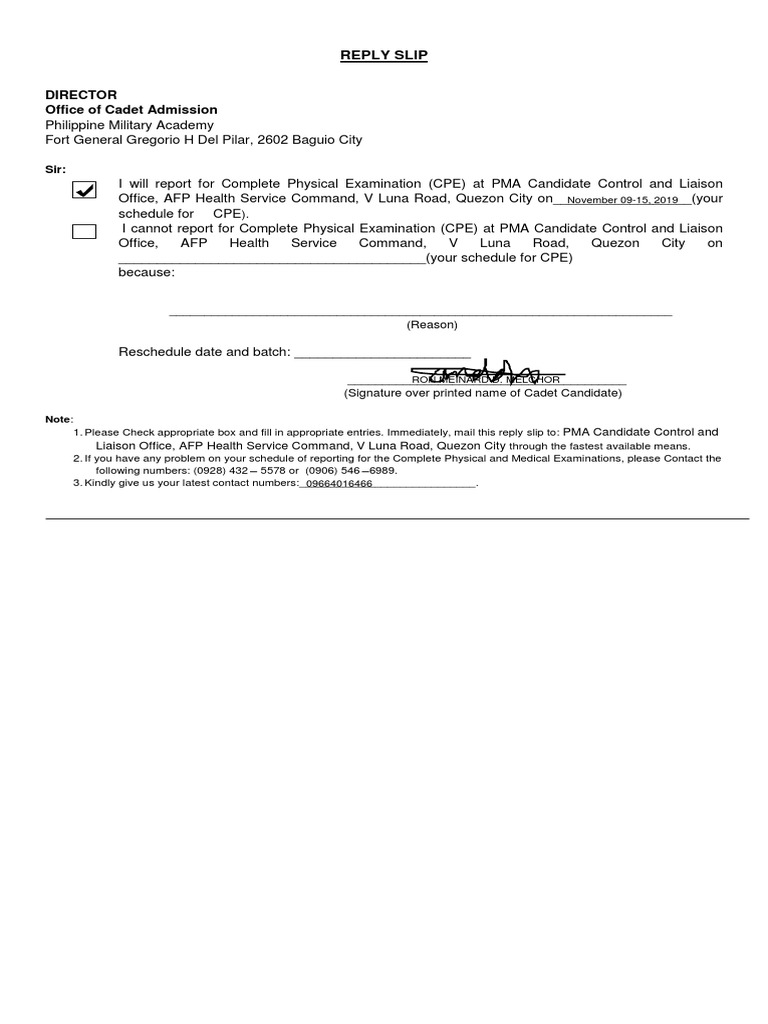 Reply Slip: Director Office of Cadet Admission | PDF | Finance & Money ...
