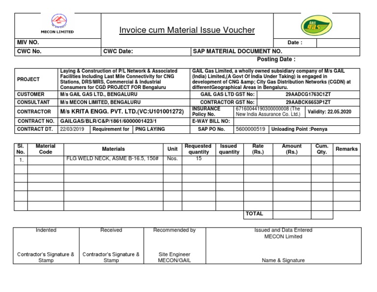 Invoice Cum Material Issue Voucher: Miv No. CWC No. CWC Date: Sap ...