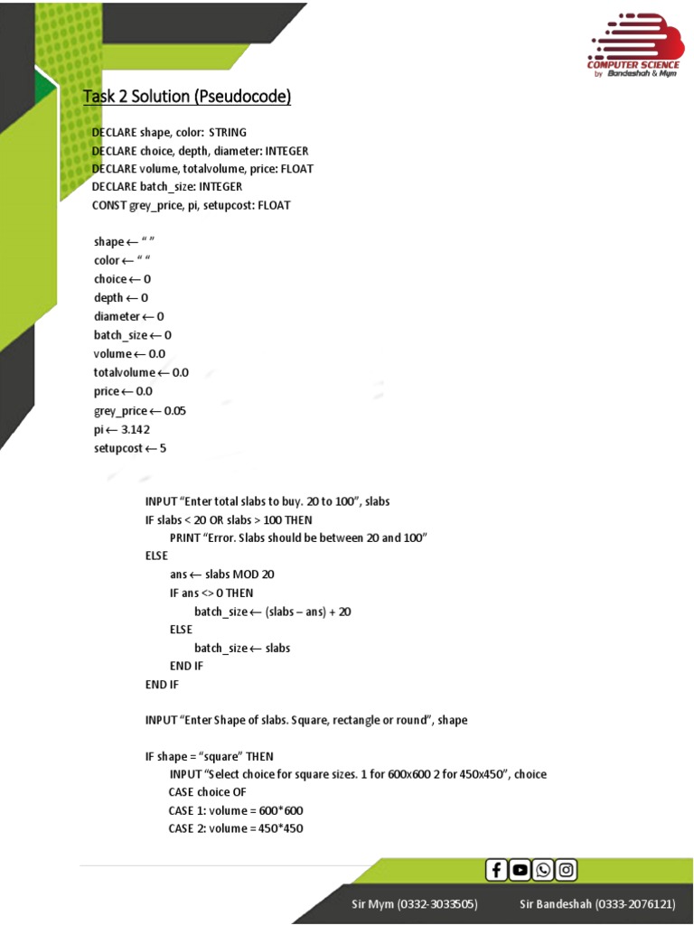 Task 2 Solution (Pseudocode) : Sir Mym (0332-3033505) Sir Bandeshah ...