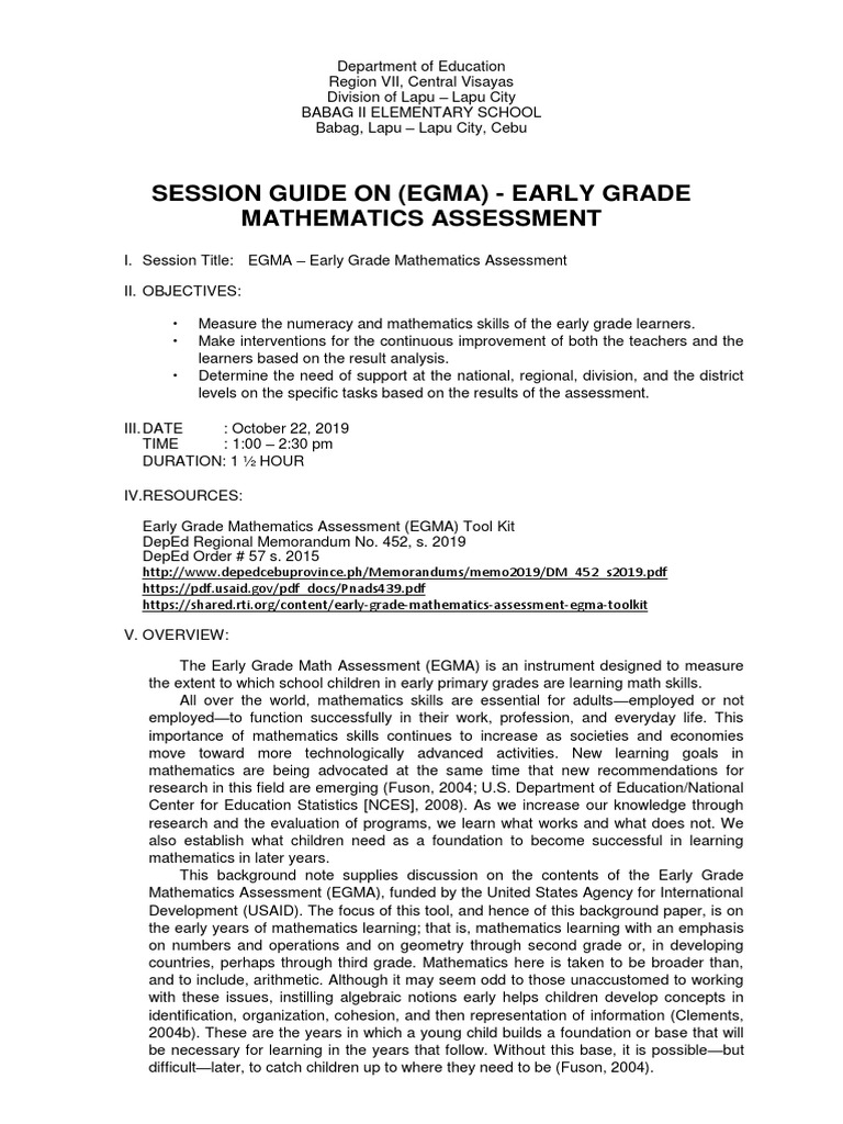 Session Guide On (Egma) - Early Grade Mathematics Assessment | PDF ...