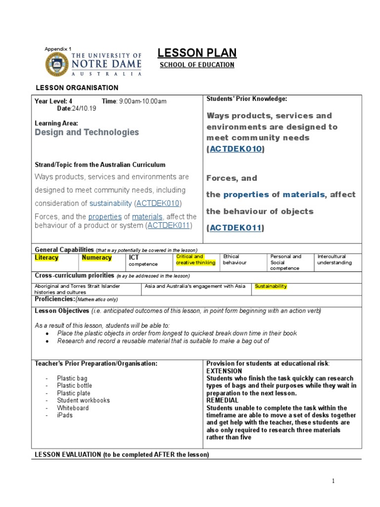Lesson Plan: Design and Technologies | PDF | Teachers | Sustainability