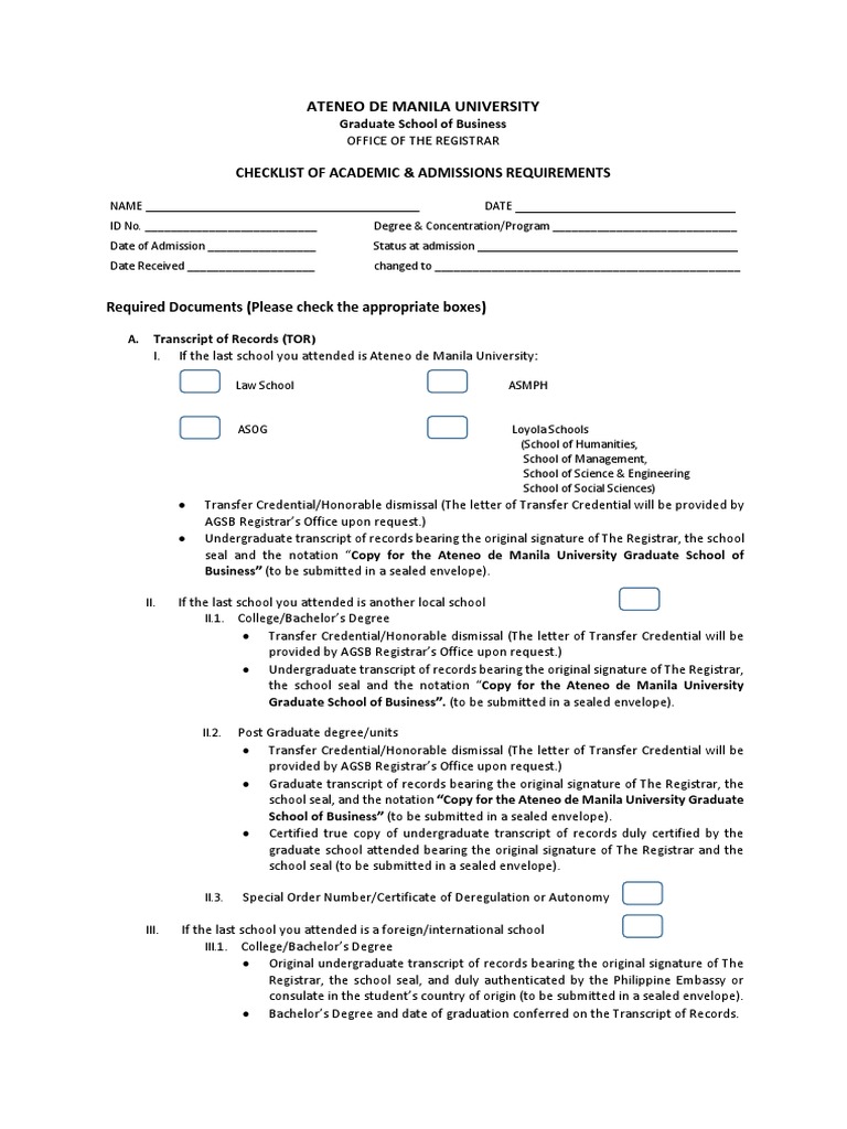Ateneo Graduate School Requirements Checklist | PDF | Graduate School ...