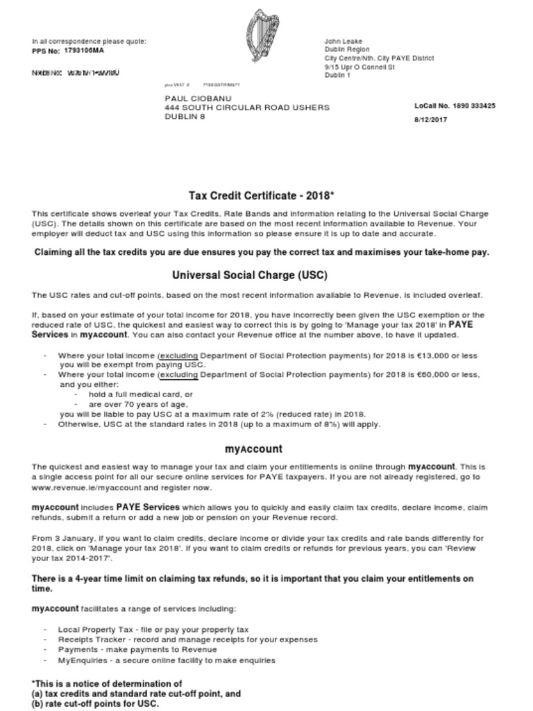 Tax Credit Certificate - 2018 : PPS No: 1793106MA | PDF | Government ...