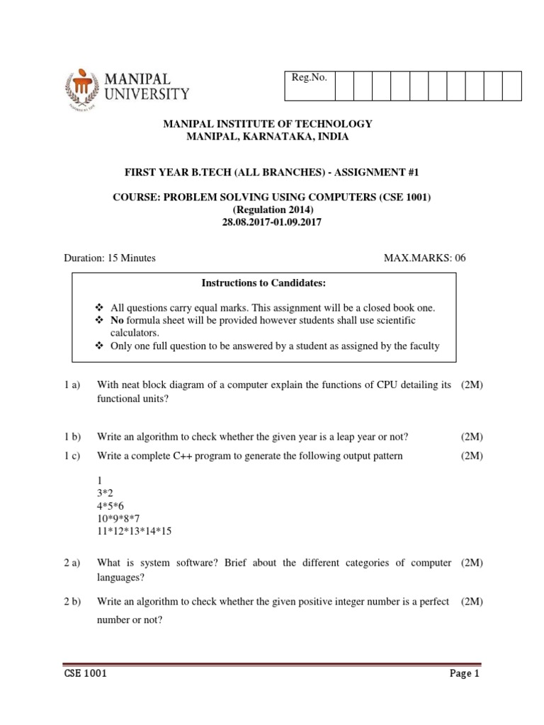 Cse1001 Assignment No 1 Pdf Computer Program Programming 
