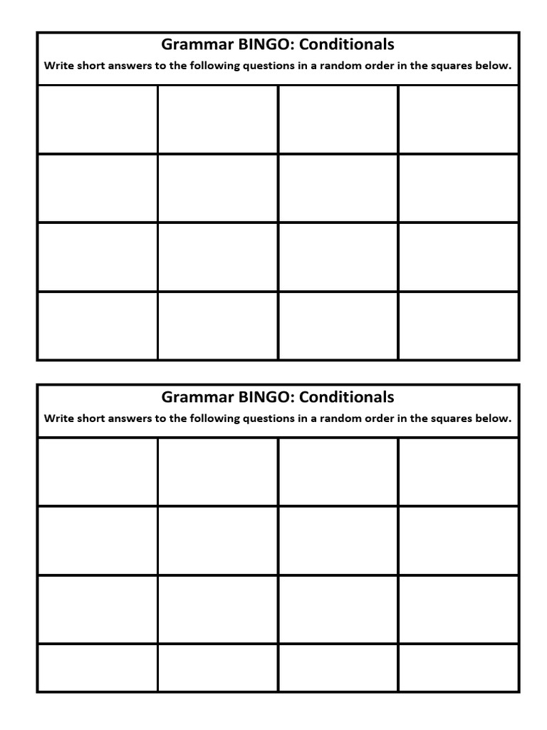 Grammar BINGO: Conditionals: Write Short Answers To The Following Questions in A Random Order in ...
