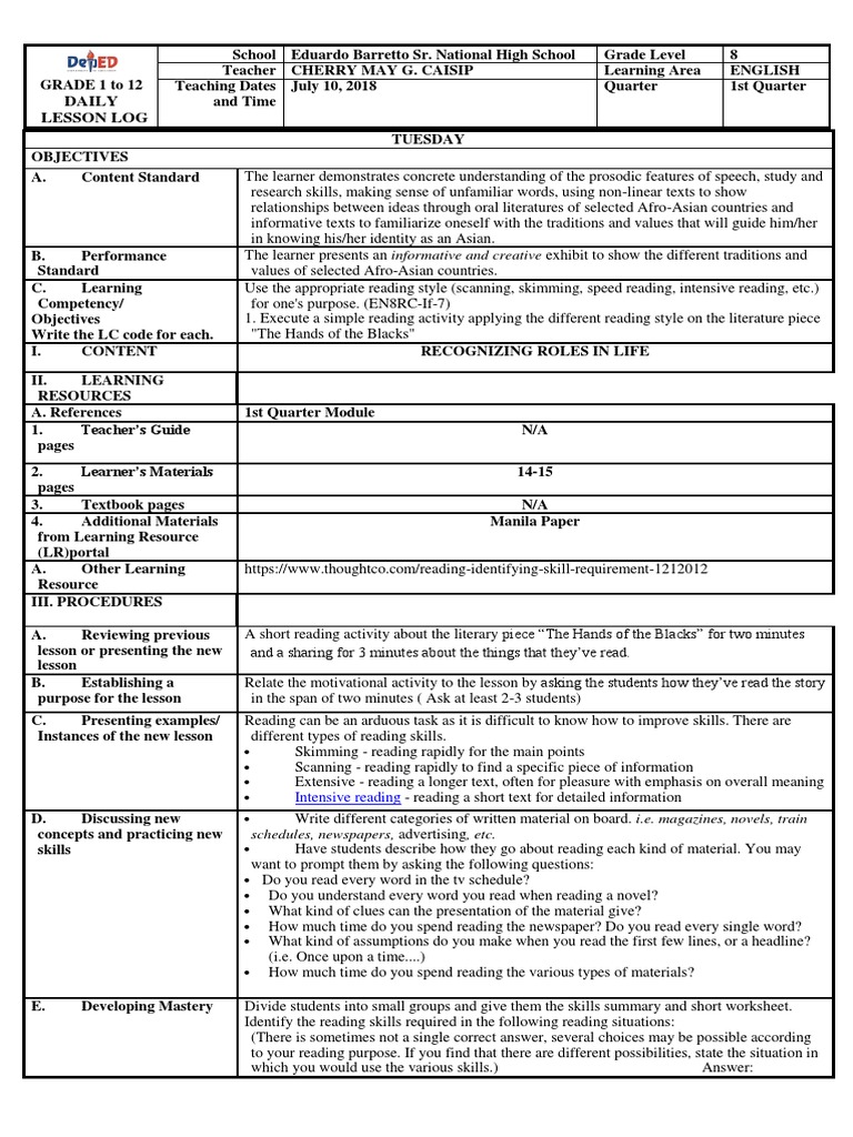 Daily Lesson Plan in English 8 - 7-10 | PDF | Speed Reading | Human ...