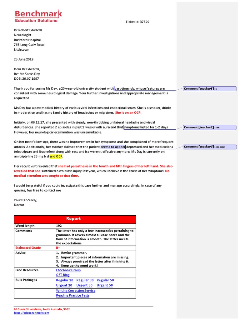 Oet Sample Letter | PDF | Headache | Neurology