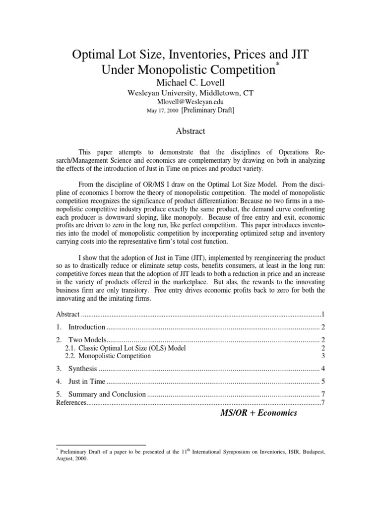 Optimal Lot Size, Inventories, Prices and JIT Under Monopolistic ...