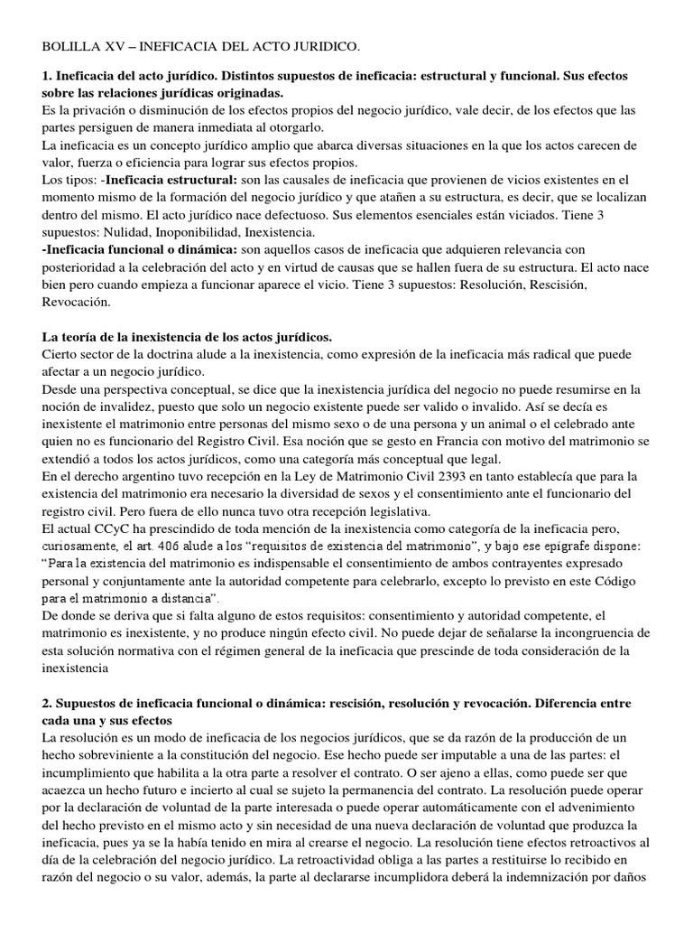 Bolilla XV - Ineficacia Del Acto Juridico | PDF | Instrumento jurídico | Nulo (ley)