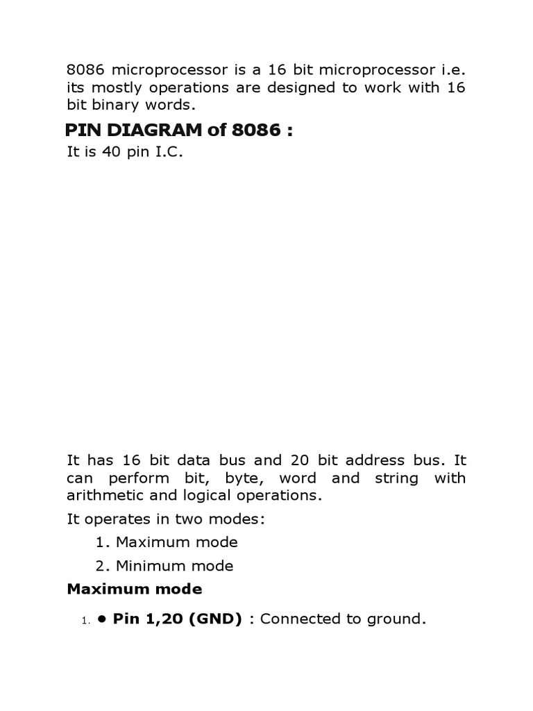 PIN DIAGRAM of 8086:: Maximum Mode - Pin 1,20 (GND) : Connected To ...