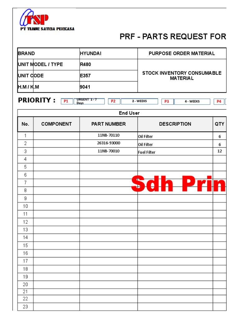SDH Print: PRF - Parts Request Form | PDF