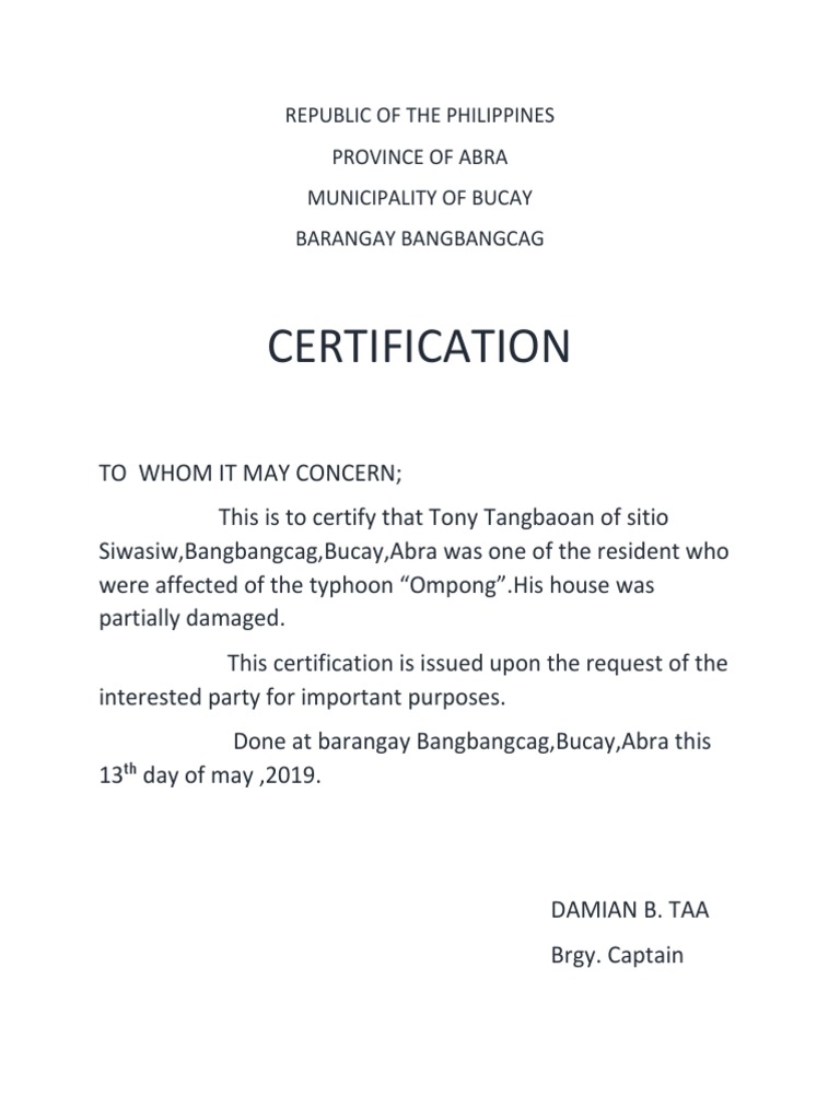 Certification: Republic of The Philippines Province of Abra ...