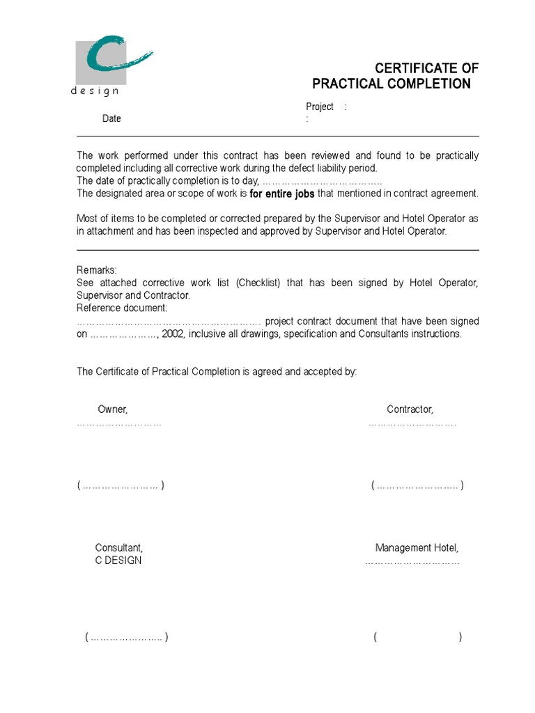 Practical Completion Certificate Template | PDF | Art | Technology ...