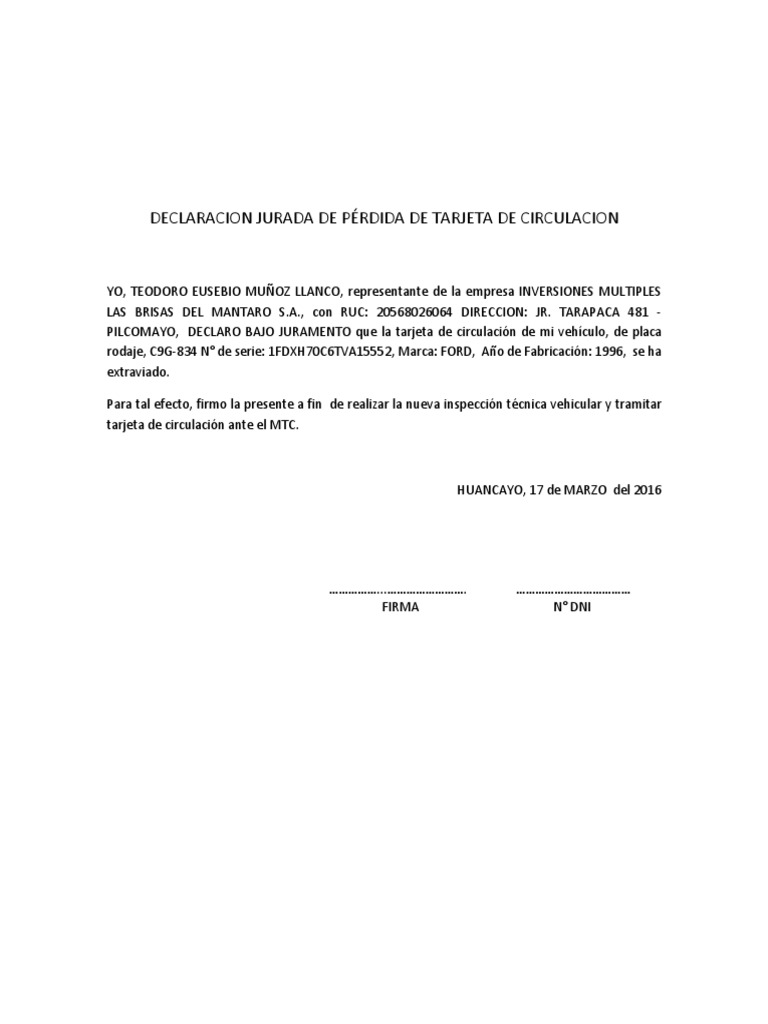 Declaracion Jurada Perdida TC | PDF | Negocios | Derecho