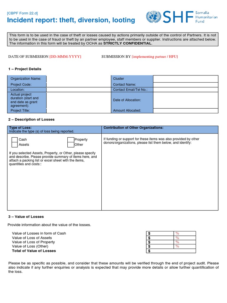 Incident Report: Theft, Diversion, Looting: (Dd-Mmm-Yyyy) (Implementing ...