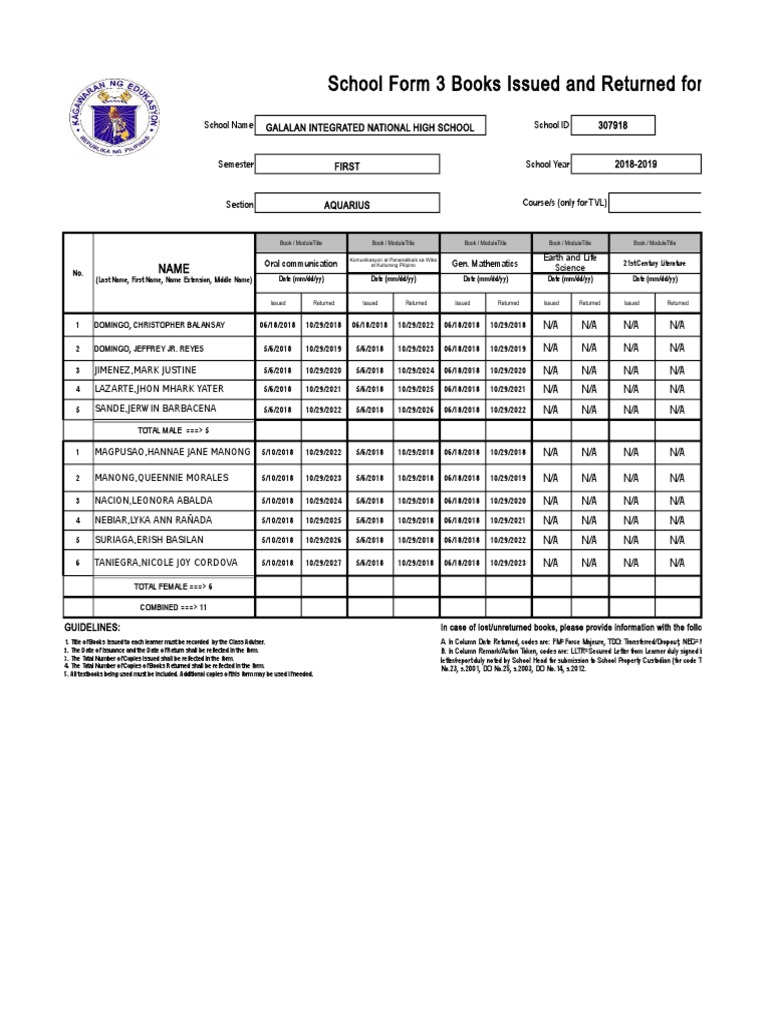 School Form 3 Books Issued and Returned For Senior High School (SF3-SHS ...