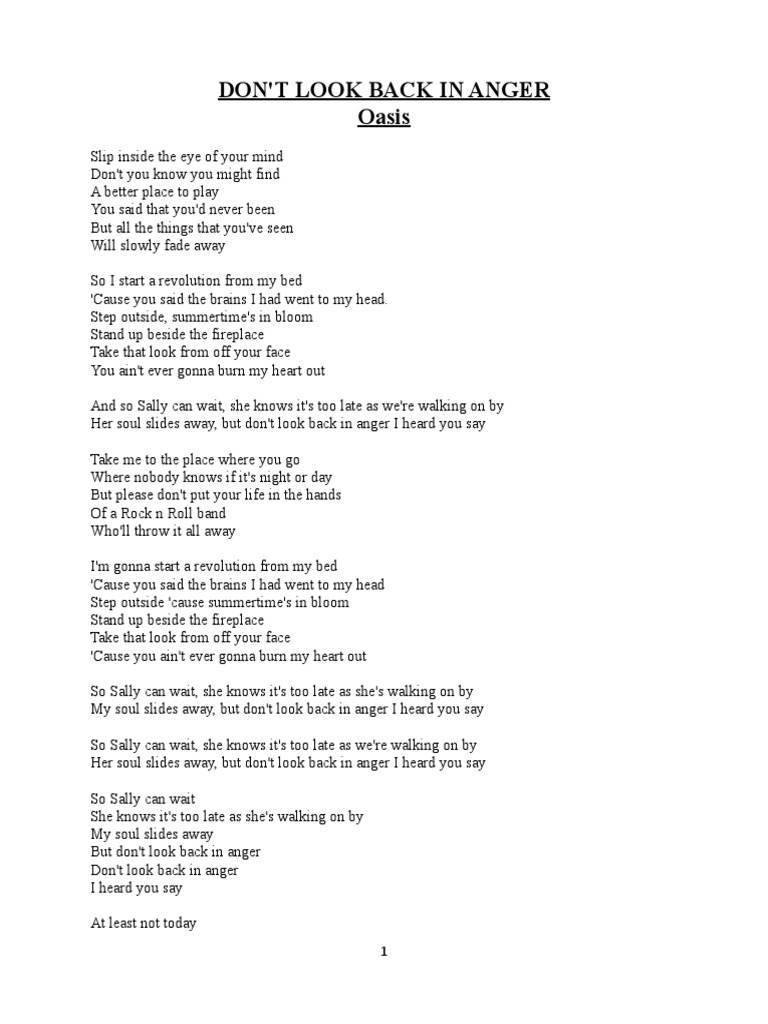 Oasis Lyrics: Don't Look Back in Anger | PDF