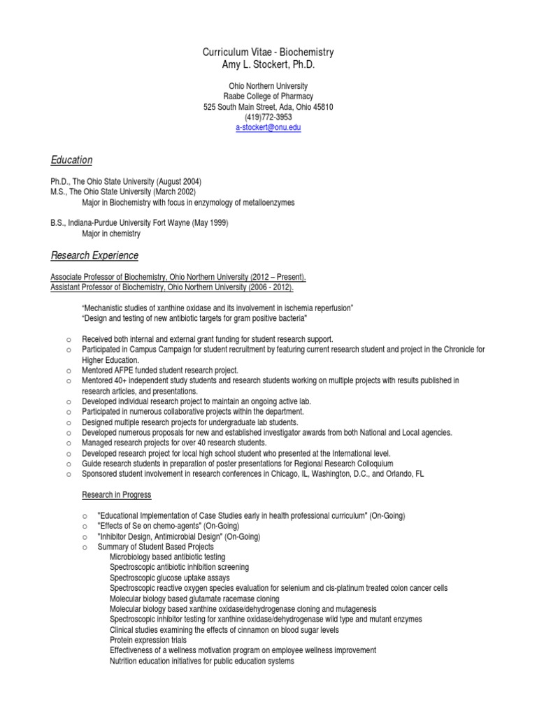 Education: Curriculum Vitae - Biochemistry Amy L. Stockert, PH.D | PDF ...