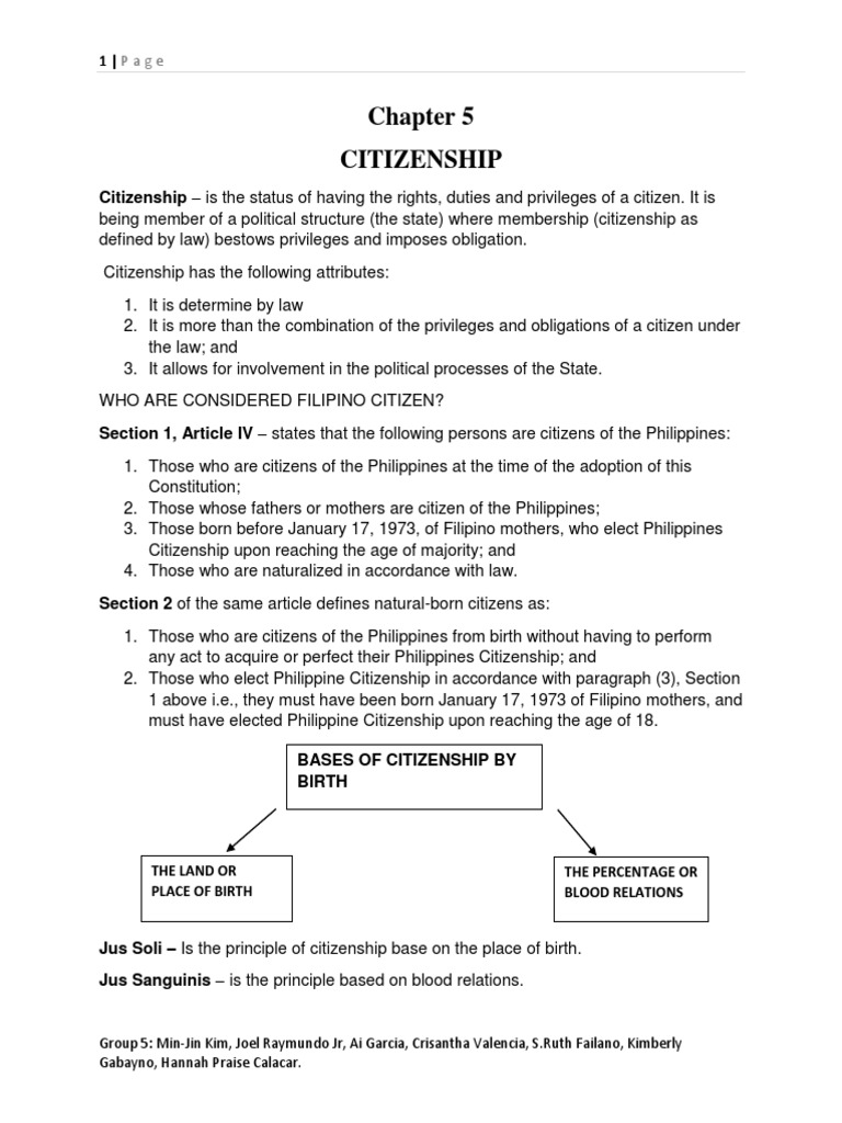 CHAPTER 5 CITIZENSHIP Final | PDF | Naturalization | Citizenship