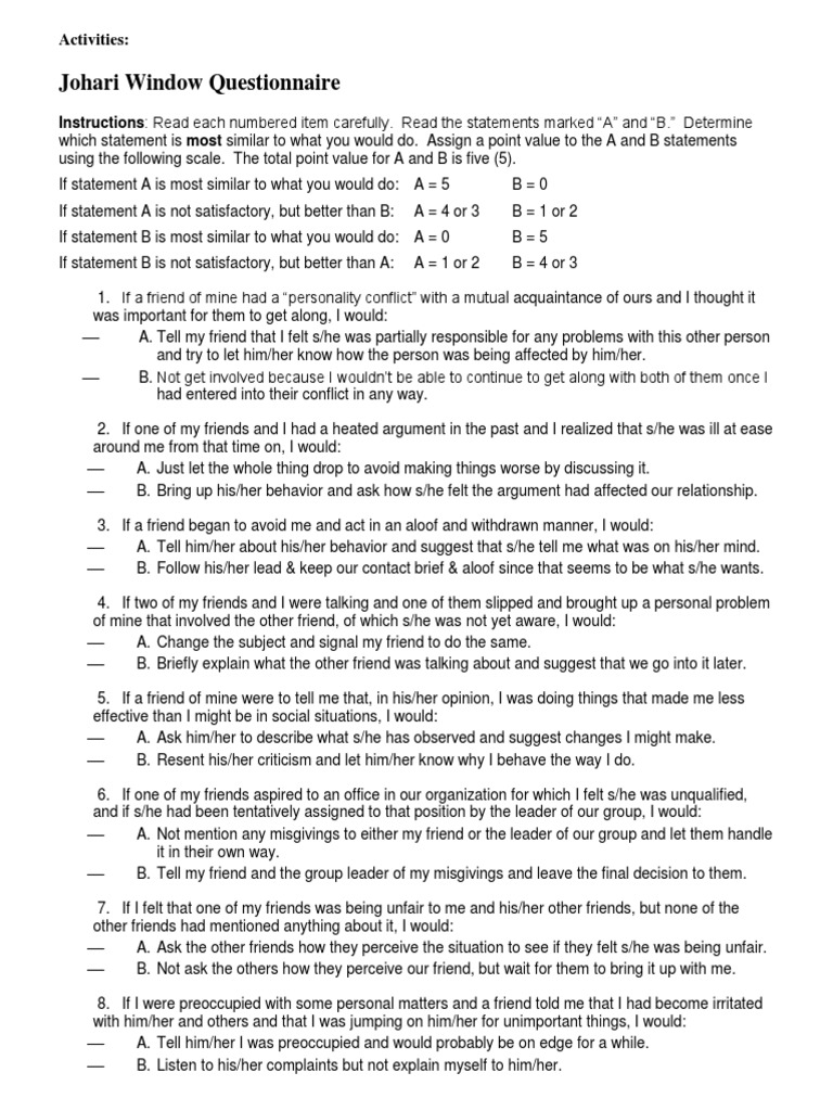Johari Window Questionnaire: Activities | PDF | Conversation ...