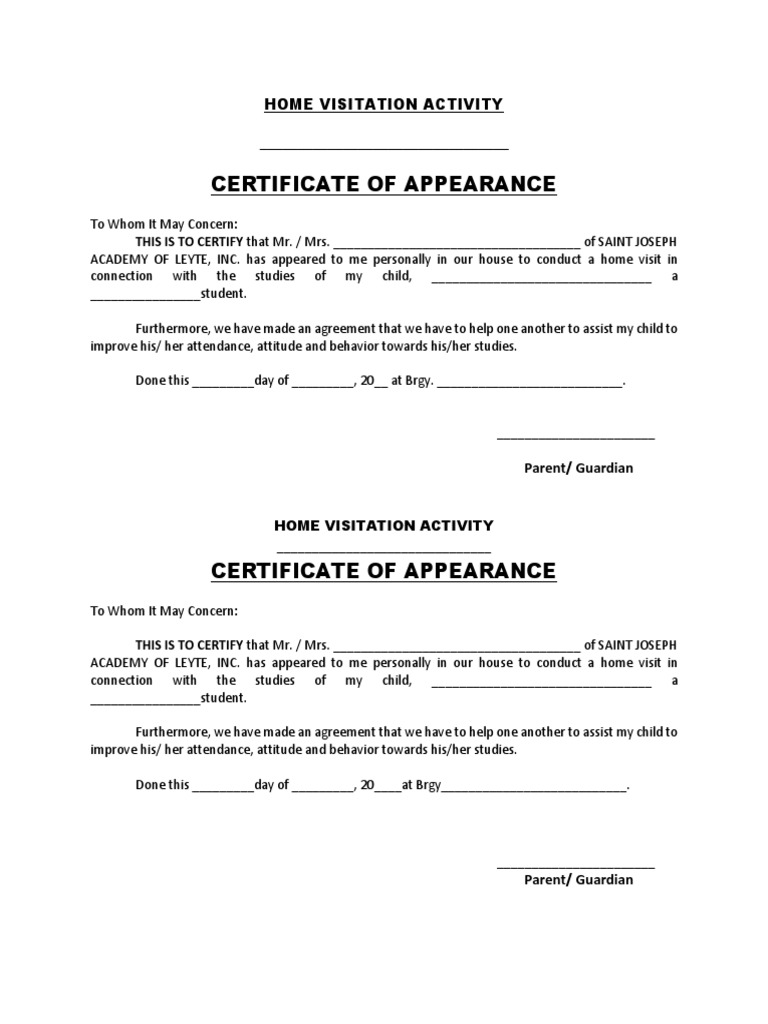 Certificate of Appearance: Home Visitation Activity | PDF