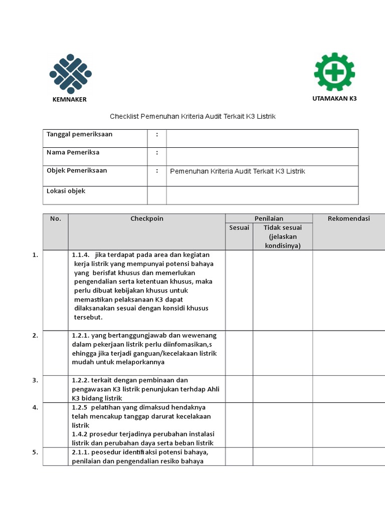 Checklist Pemenuhan Kriteria Audit Terkait K3 Listrik | PDF