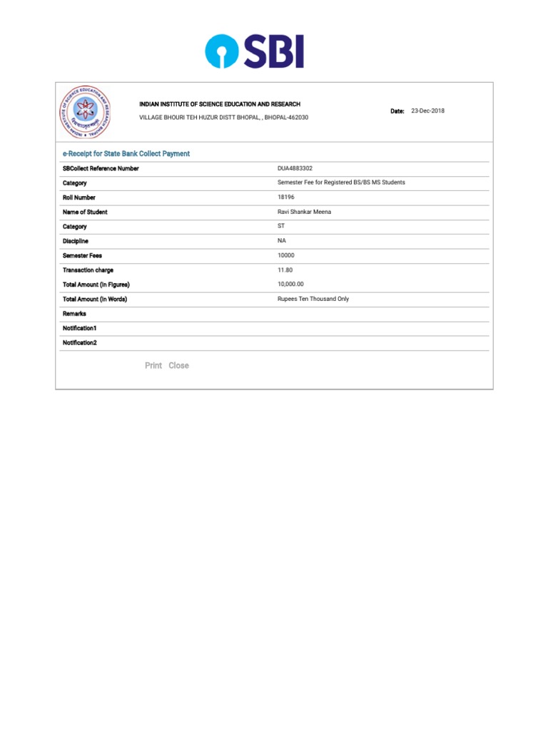 E-Receipt For State Bank Collect Payment: Print Close | PDF