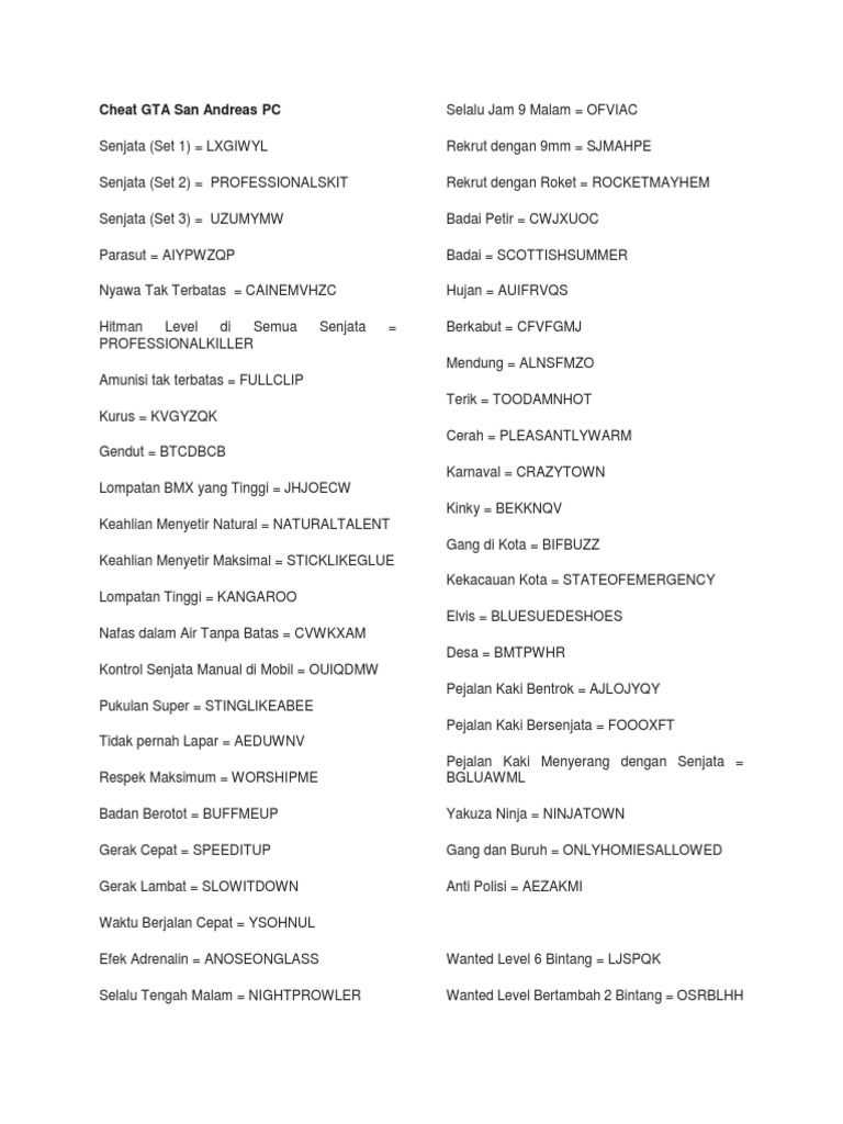 Cheat GTA San Andreas PC | PDF