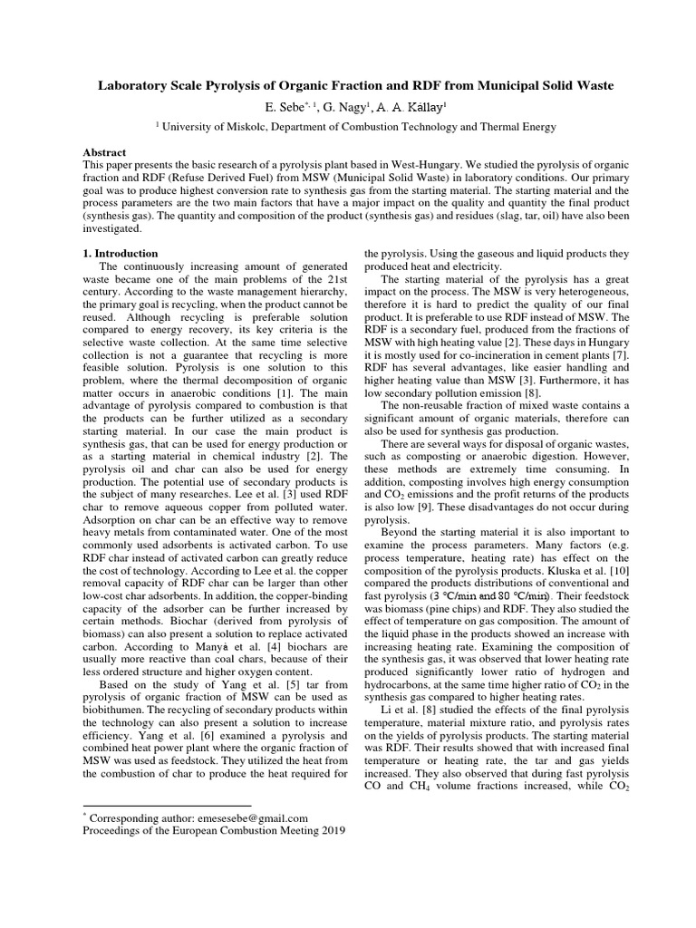 Laboratory Scale Pyrolysis of Organic FR PDF | PDF | Pyrolysis | Waste ...