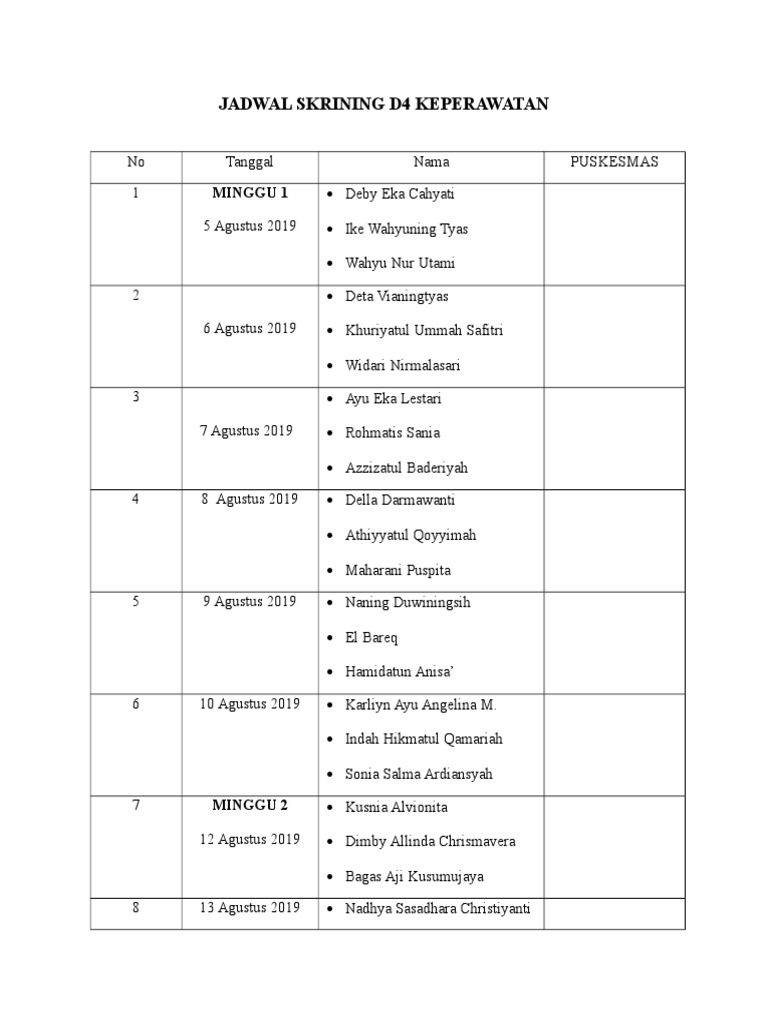 Jadwal Skrining D4 Keperawatan: Minggu 1 | PDF