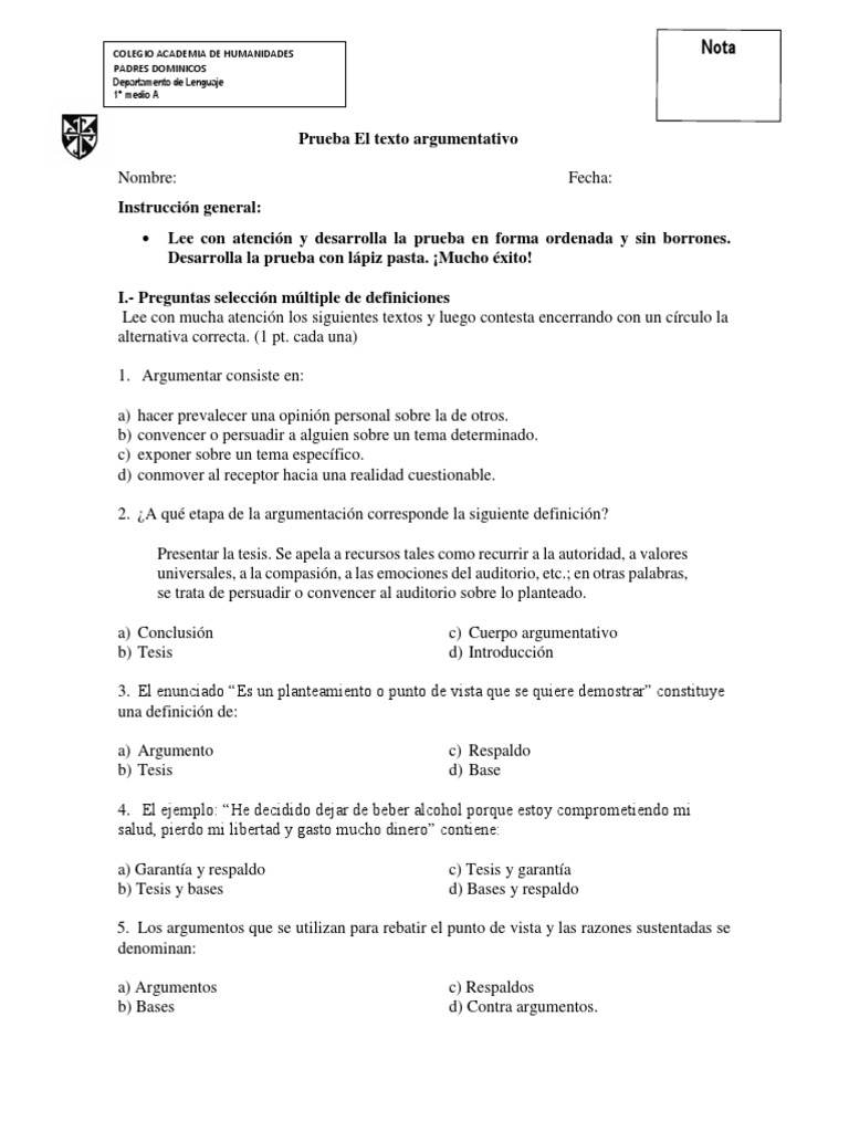 Prueba Texto Argumentativo | Argumento | Analogía