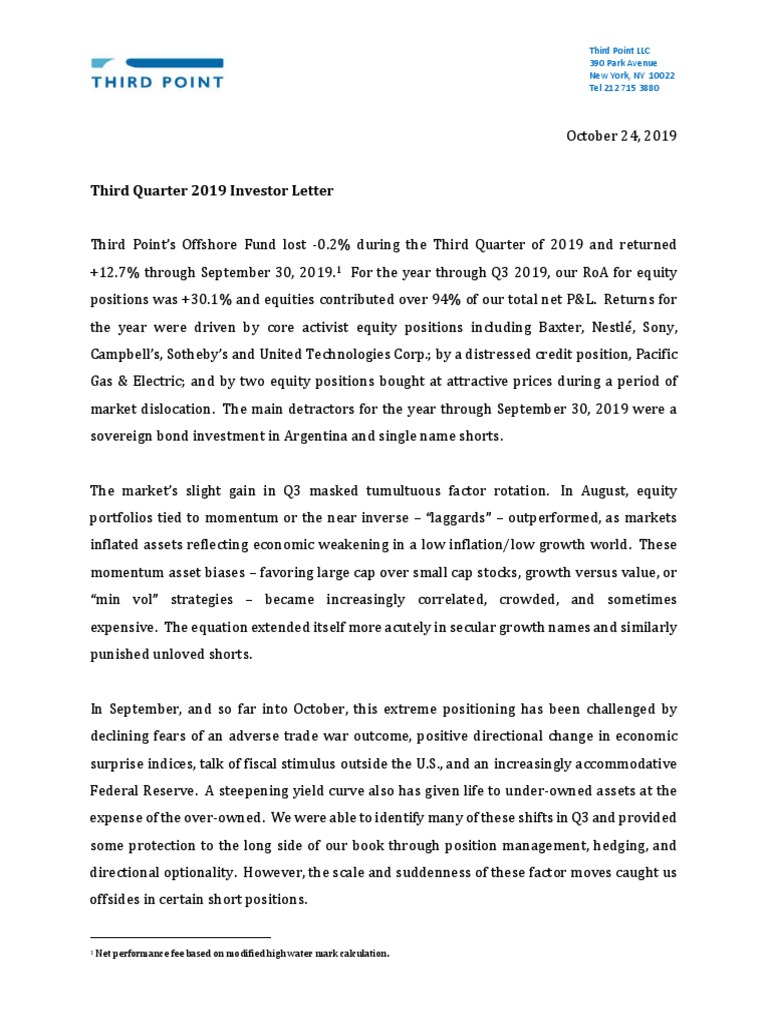 Third Point Q3 2019 Letter TPOI | PDF | Mergers And Acquisitions | Retail