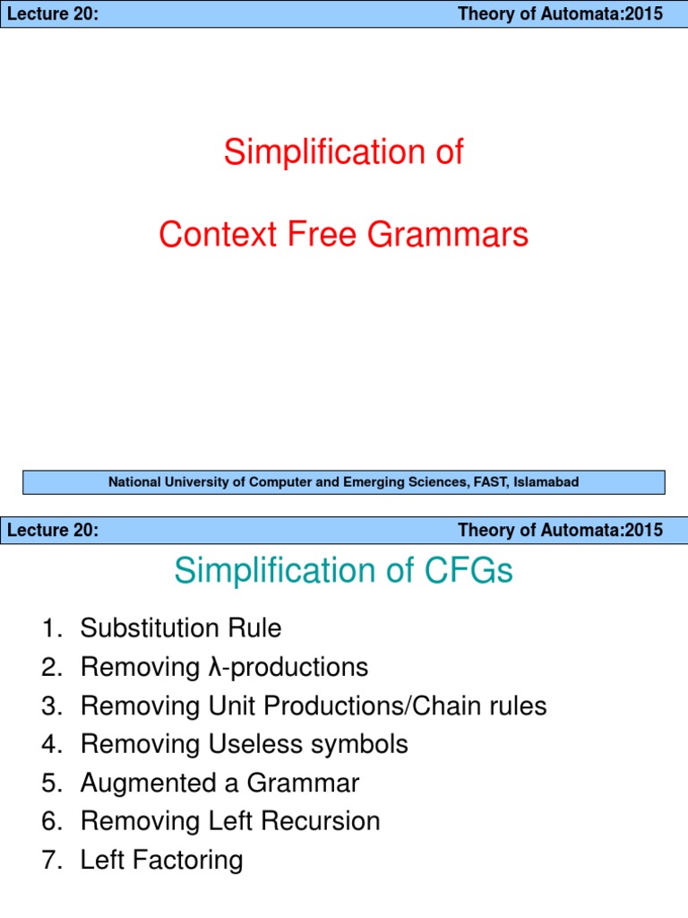 Simplification Of Context Free Grammars National University Of Computer And Emerging Sciences