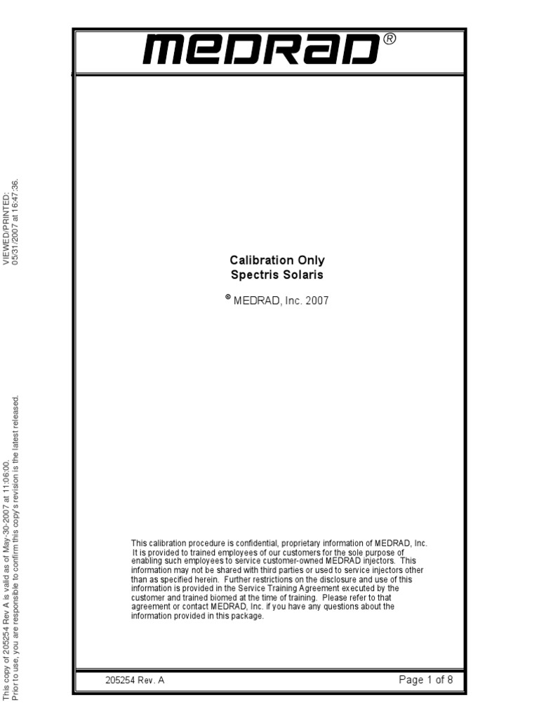 Calibration Only Spectris Solaris: MEDRAD, Inc. 2007 | PDF | Switch | Syringe