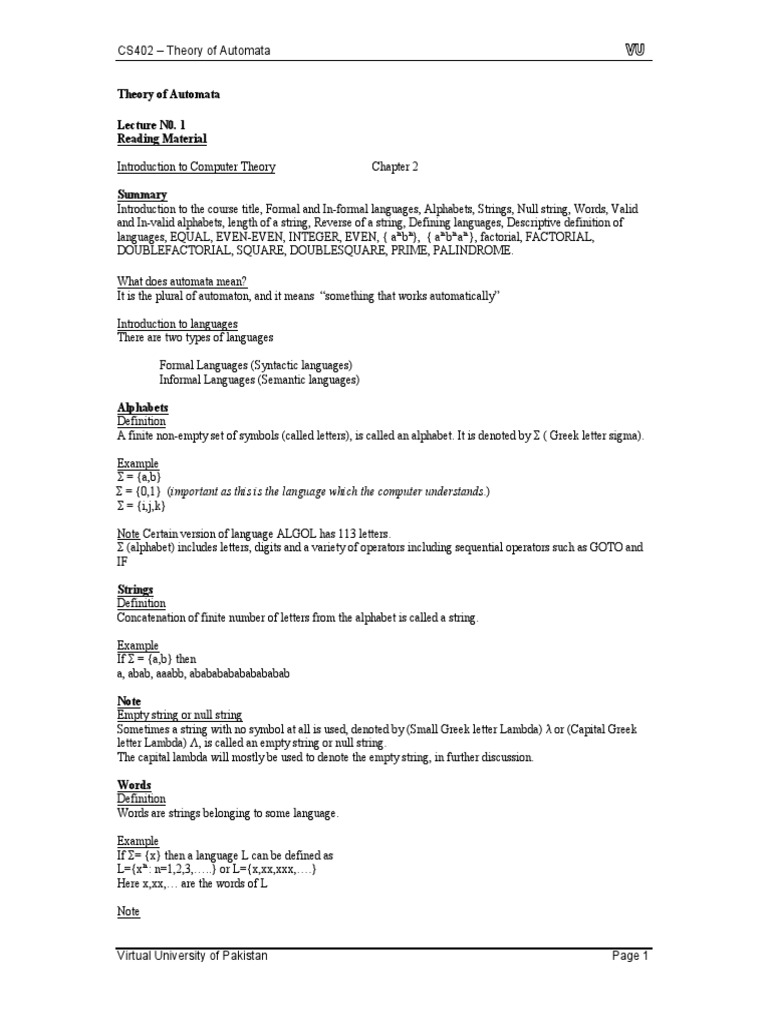 Theory of Automata Lecture N0. 1 Reading Material: N N N N N | PDF | Formalism (Deductive) | Grammar