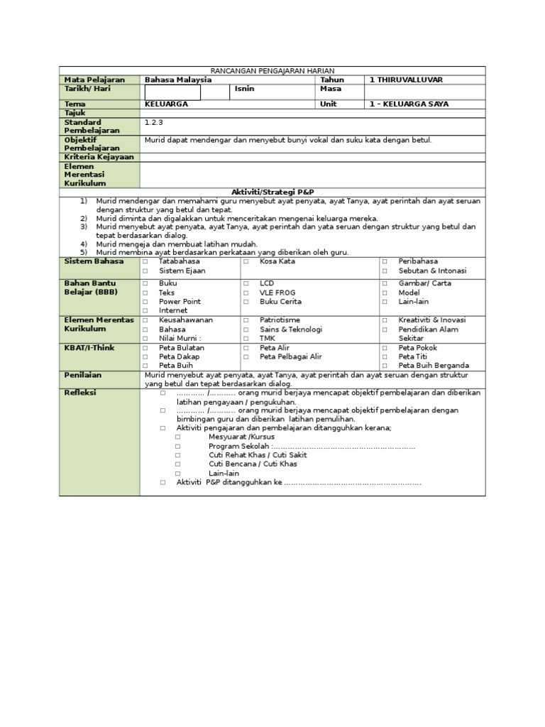 Contoh RPH BM Tahun 1 | PDF