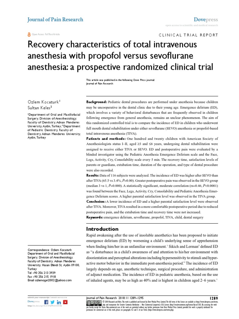 Recovery Characteristics of Total Intravenous Anesthesia With Propofol Versus Sevoflurane ...