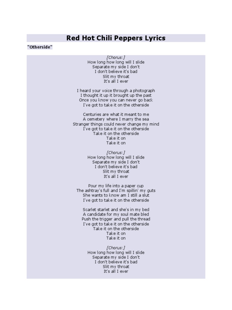 Red Hot Chili Peppers Lyrics Otherside | PDF | Recorded Music | Music Media