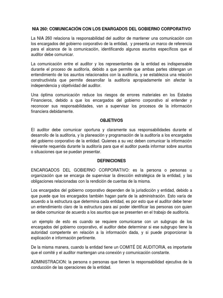 NIA 260 Resumen | PDF | Auditoría | Contralor