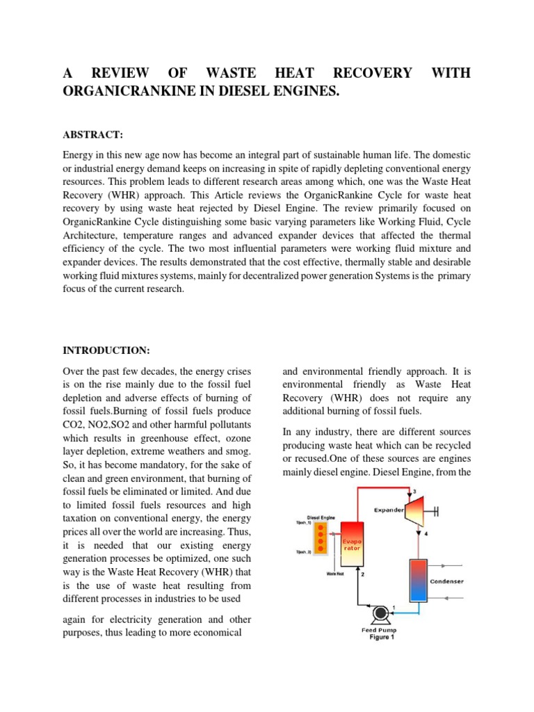 A Review OF Waste Heat Recovery With Organicrankine in Diesel Engines ...