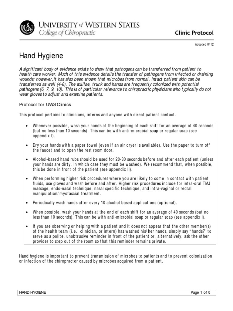 Hand Hygiene: Protocol For UWS Clinics | PDF | Hand Washing | Hygiene