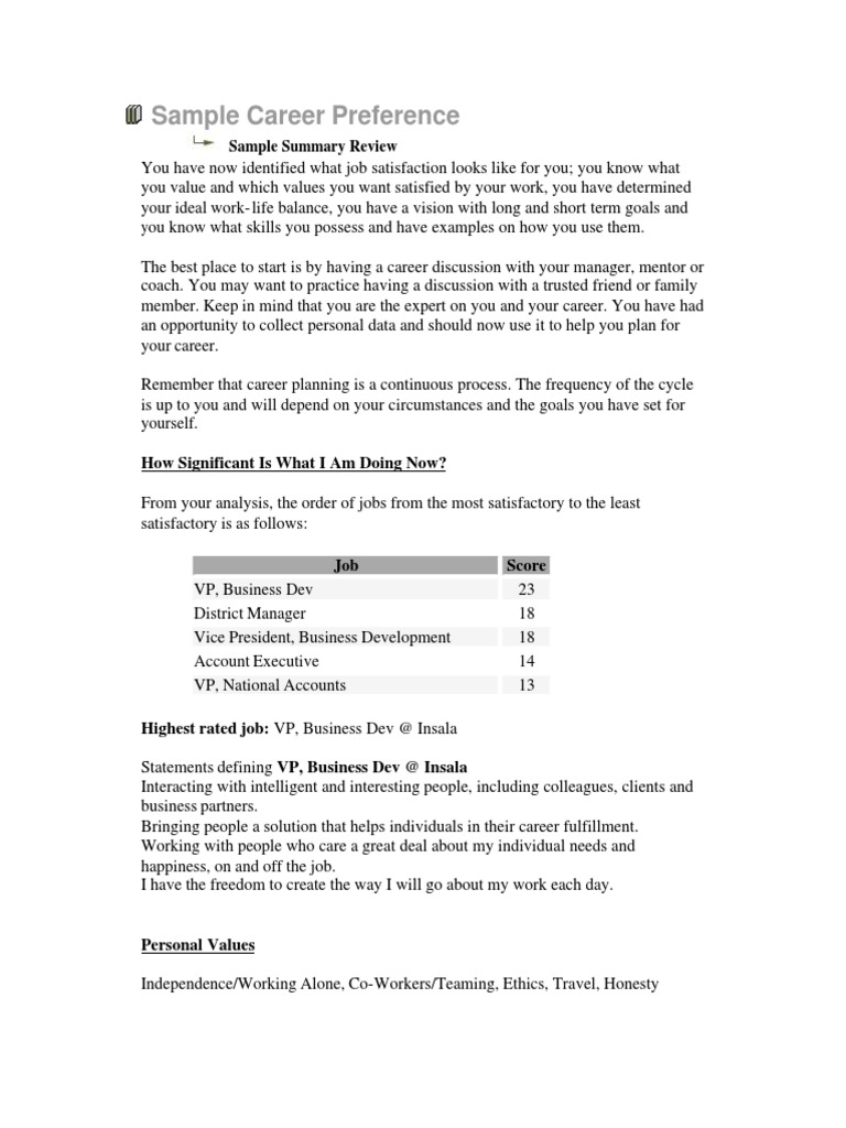 Sample Career Preference | PDF | Work–Life Balance | Goal