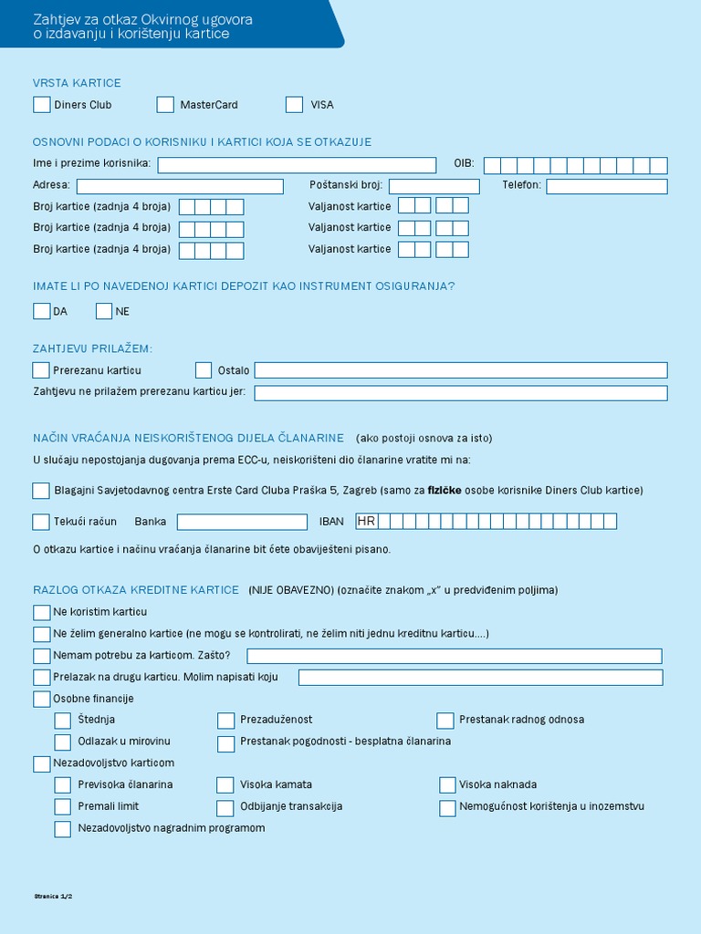 DINERS Zahtjev Za Otkaz Okvirnog Ugovora o Izdavanju I Koristenju Kartice PDF | PDF