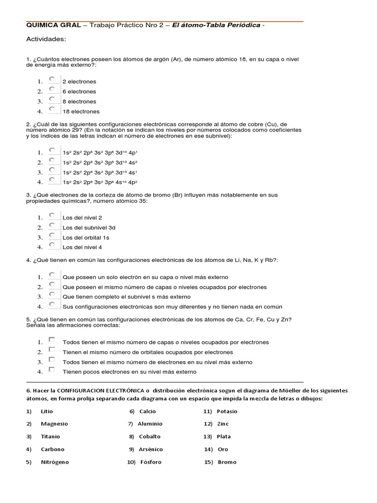 Exerci Cio S | PDF | Configuración electronica | Elementos químicos