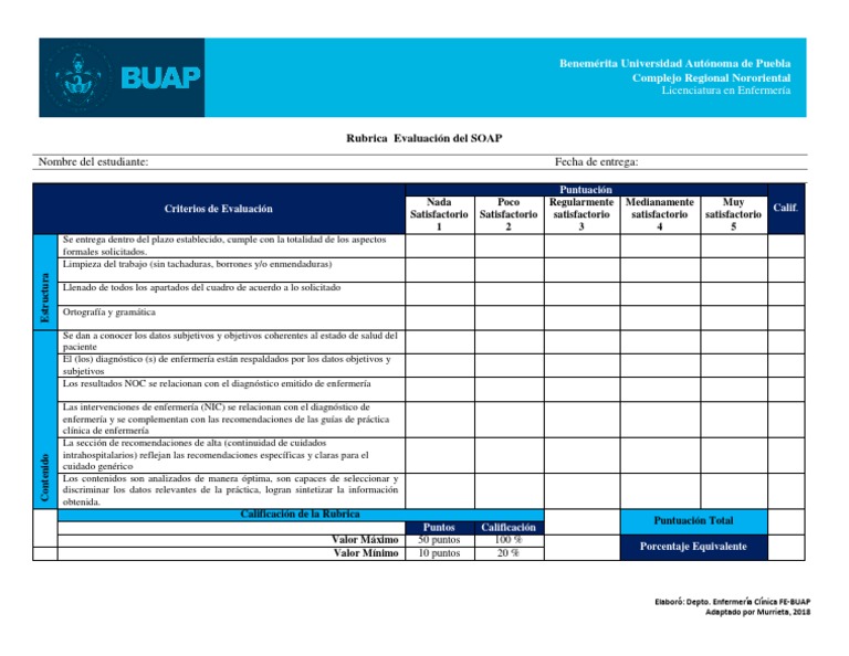 Rubrica de Evaluación Del SOAP | PDF | Enfermería | Diagnostico medico
