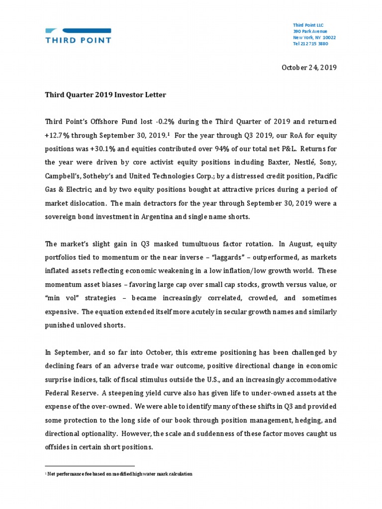 Third Point Q3 2019 Letter | PDF | Mergers And Acquisitions | Investor