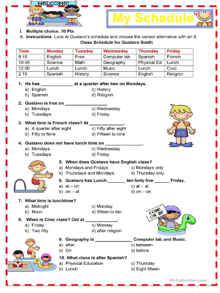 School Subjects and The Time - Multiple Choice Questions | PDF